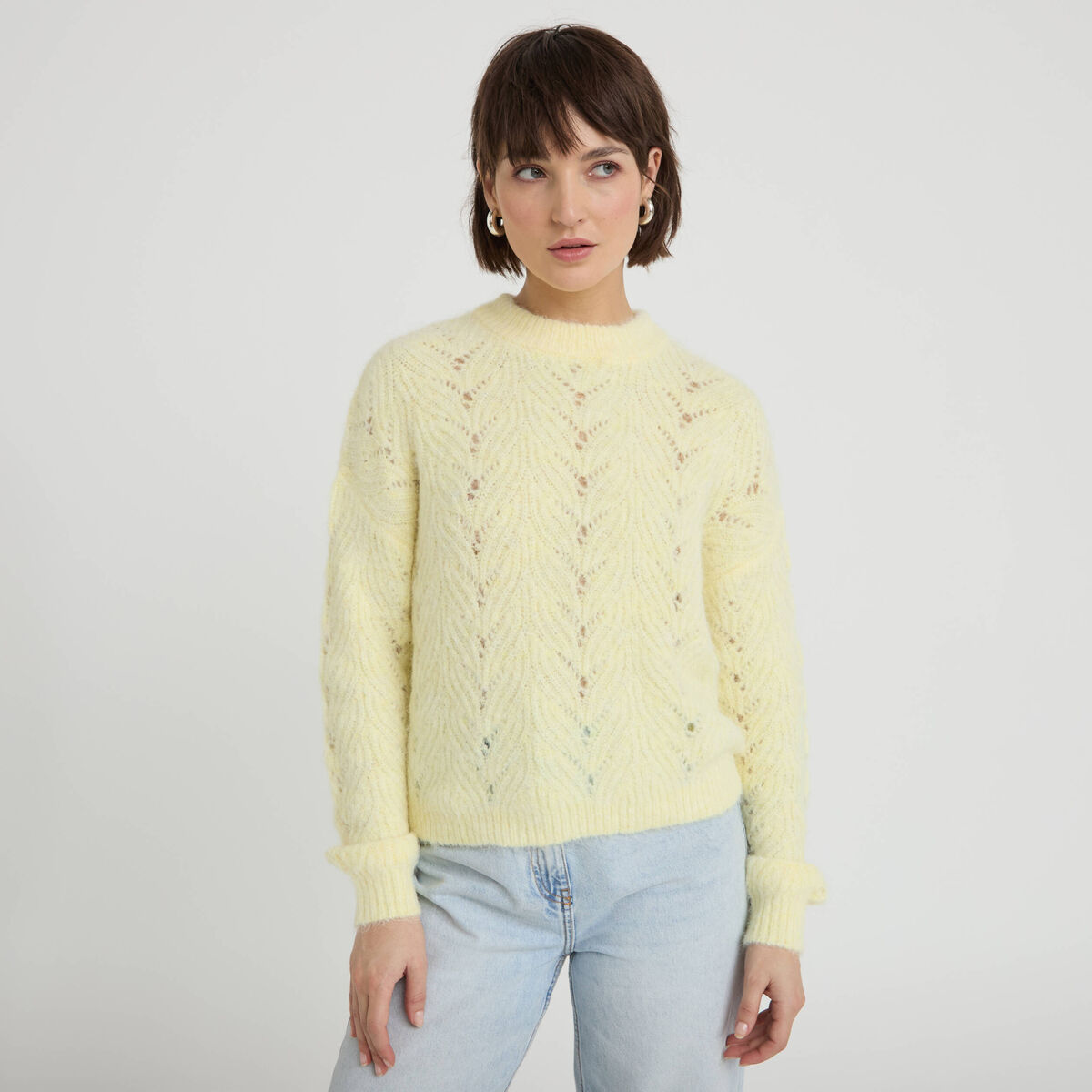 Pull ajouré manches longues jaune clair femme | Cache Cache