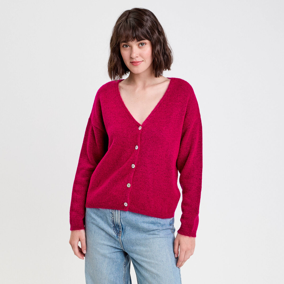 Gilet boutonné avec col en V rose fushia femme | Cache Cache