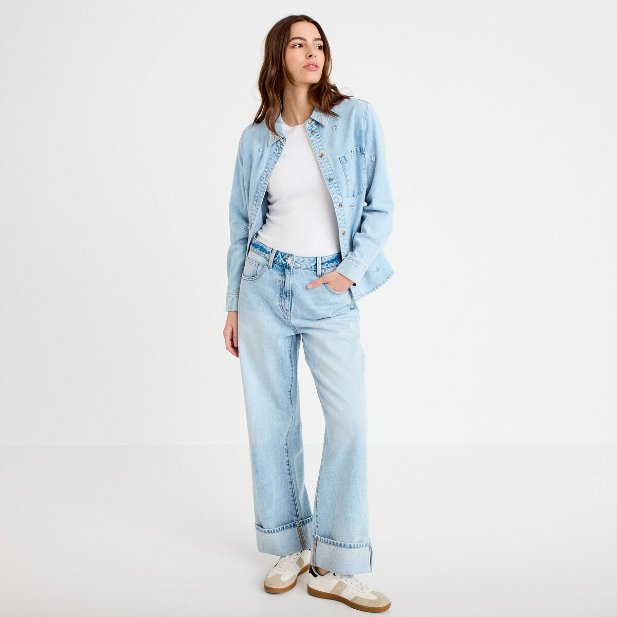 Jeans droit à revers denim triple stone femme | Cache Cache