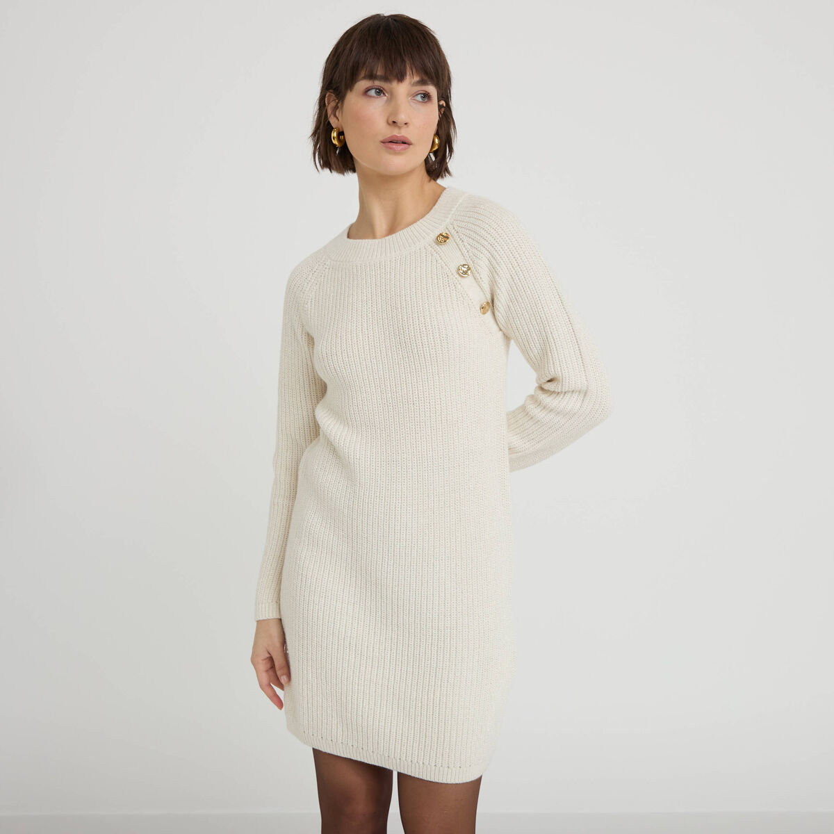 Robe pull détails de boutons ecru femme | Cache Cache