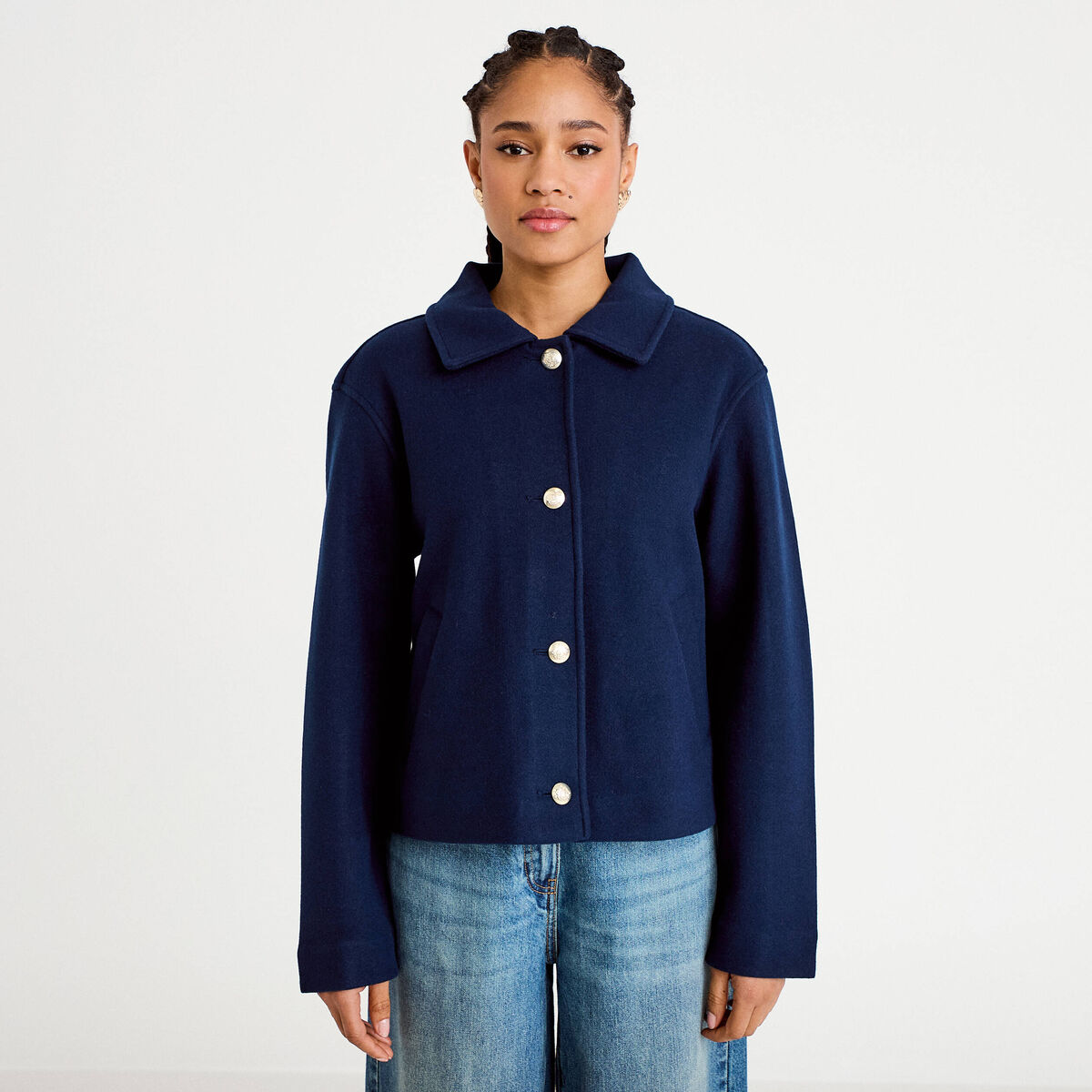 Veste droite courte col classique bleu marine femme | Cache Cache