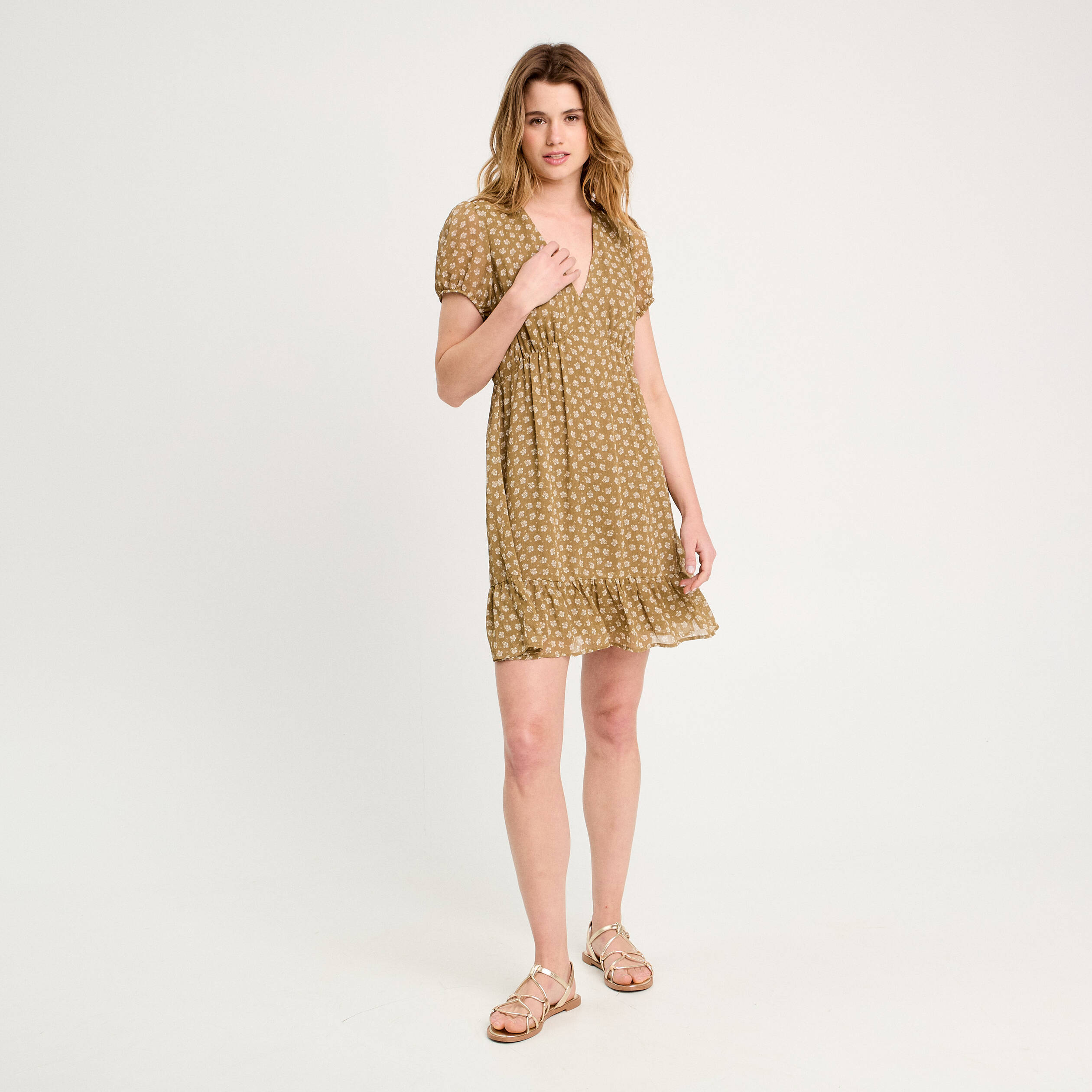 Robe évasée manches courtes vert olive femme | Cache Cache