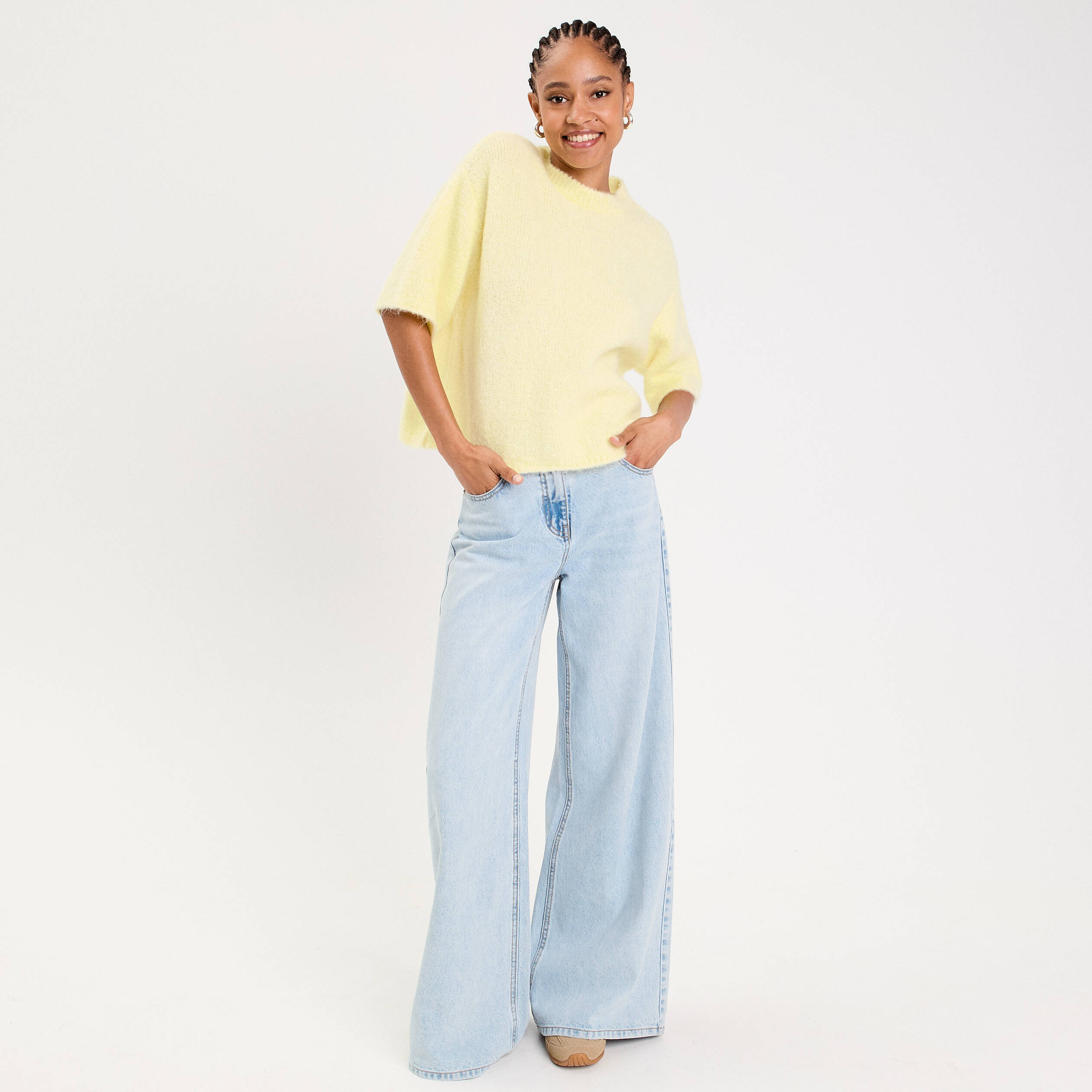 Pull manches courtes jaune clair femme | Cache Cache