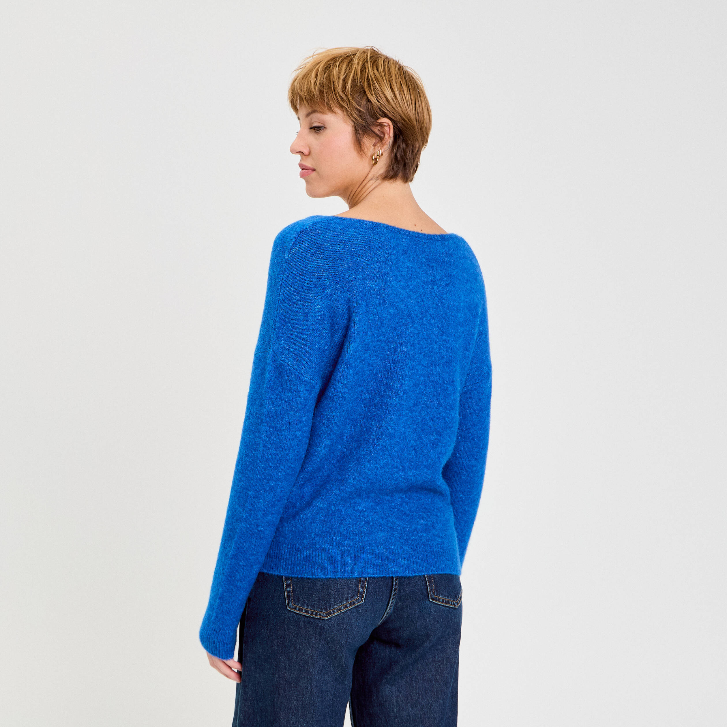 Pull avec col en V bleu electrique femme | Cache Cache