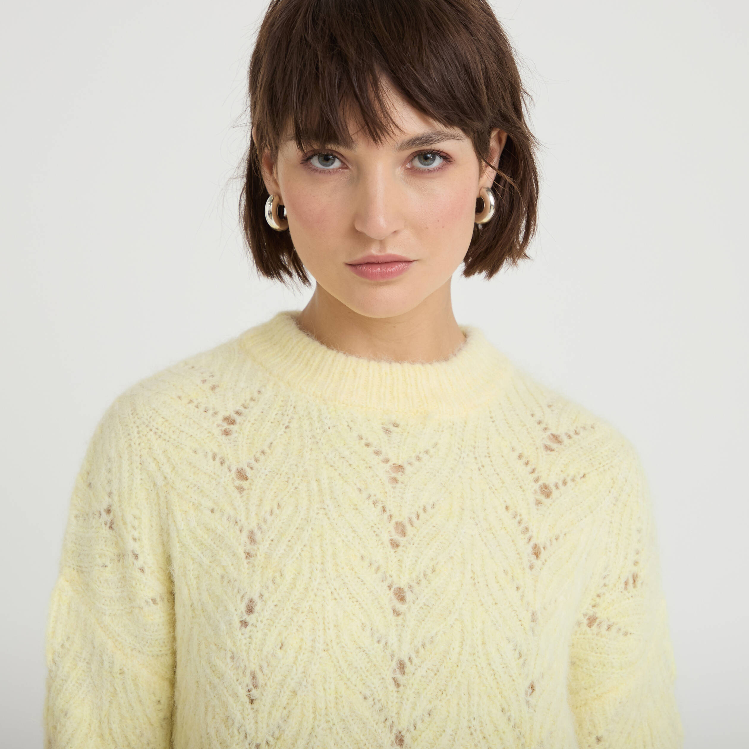 Pull ajouré manches longues jaune clair femme | Cache Cache