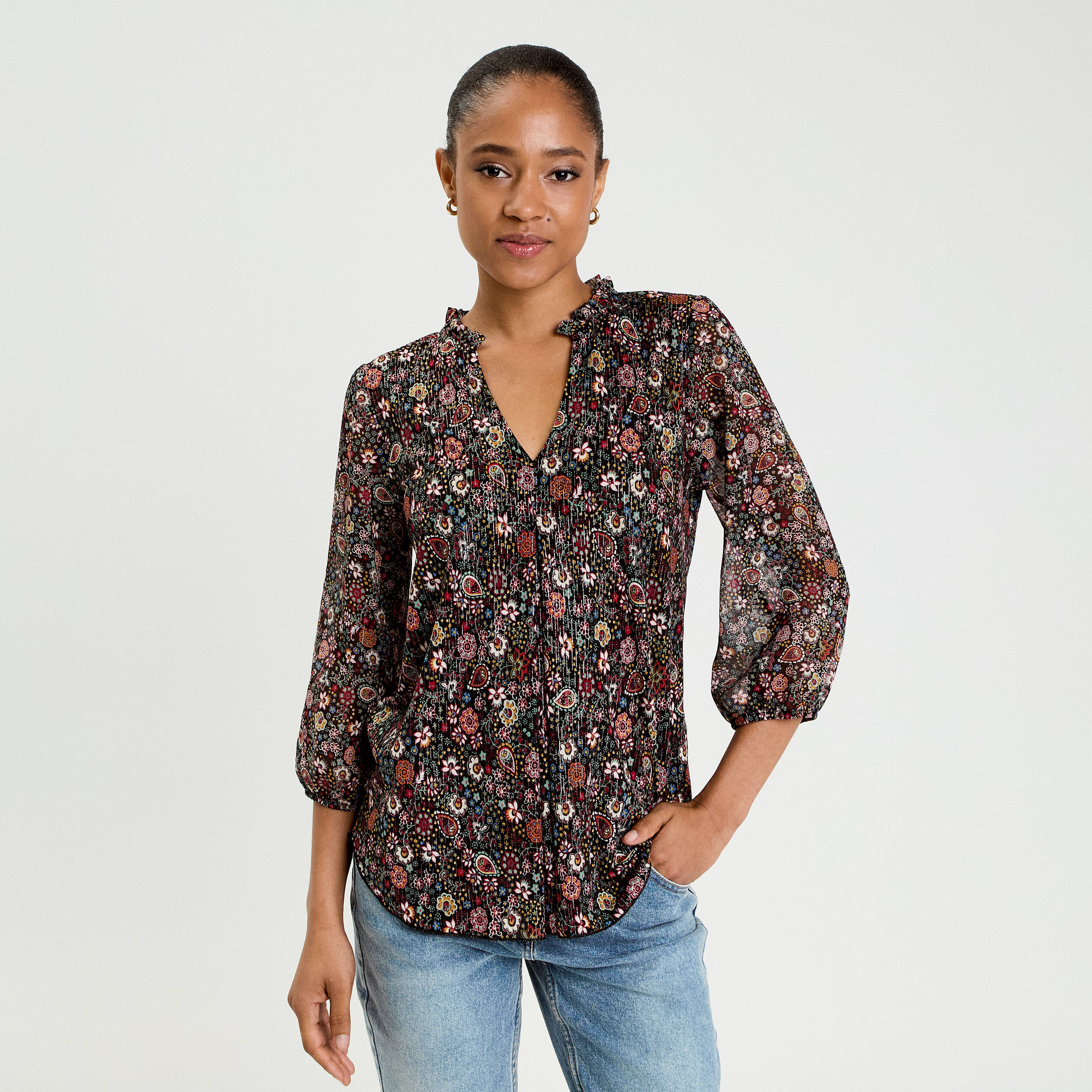 Blouse col v manches 3/4 multicolore femme | Cache Cache