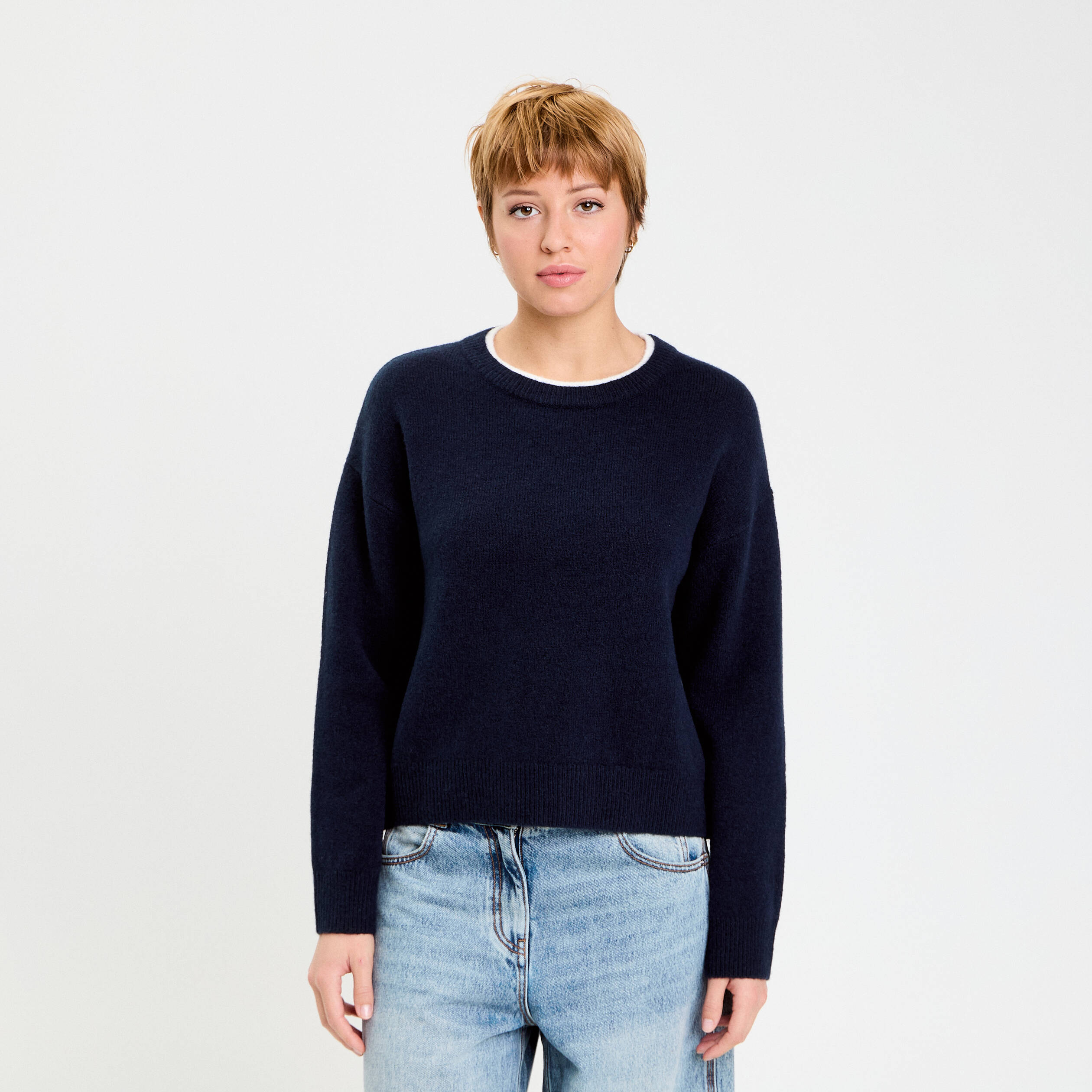 Pull col rond manches longues bleu marine femme | Cache Cache