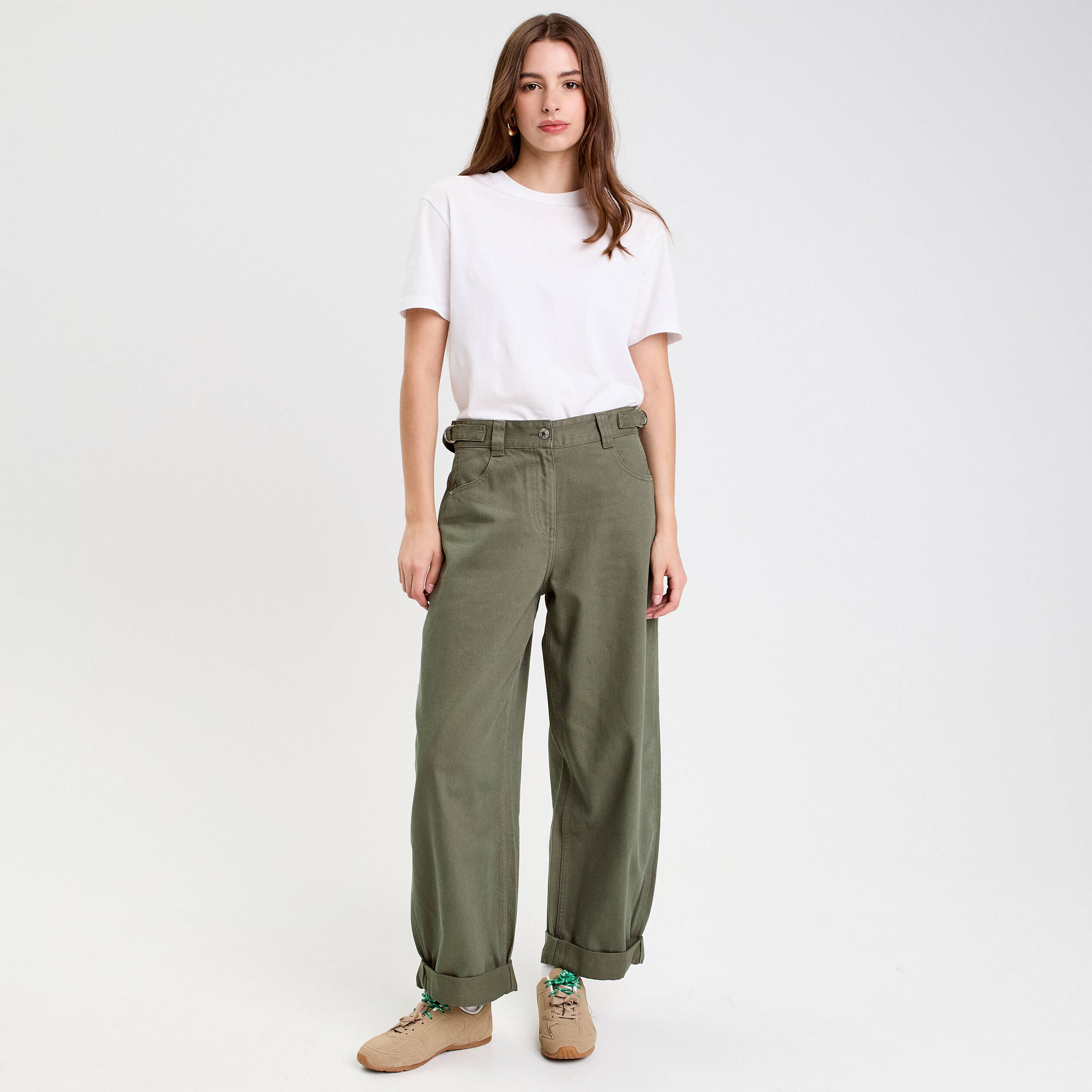 Pantalon balloon en coton vert kaki femme | Cache Cache