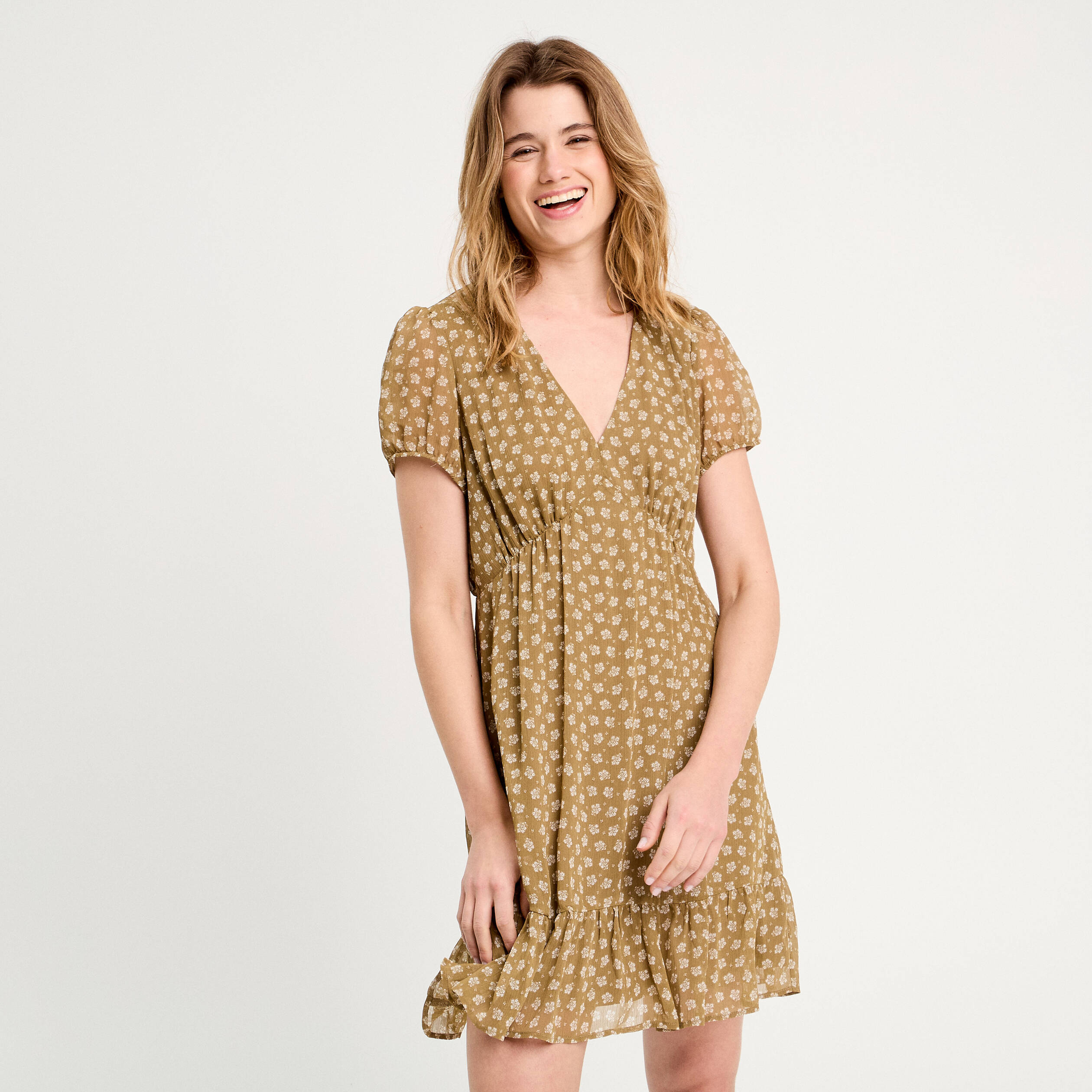 Robe évasée manches courtes vert olive femme | Cache Cache