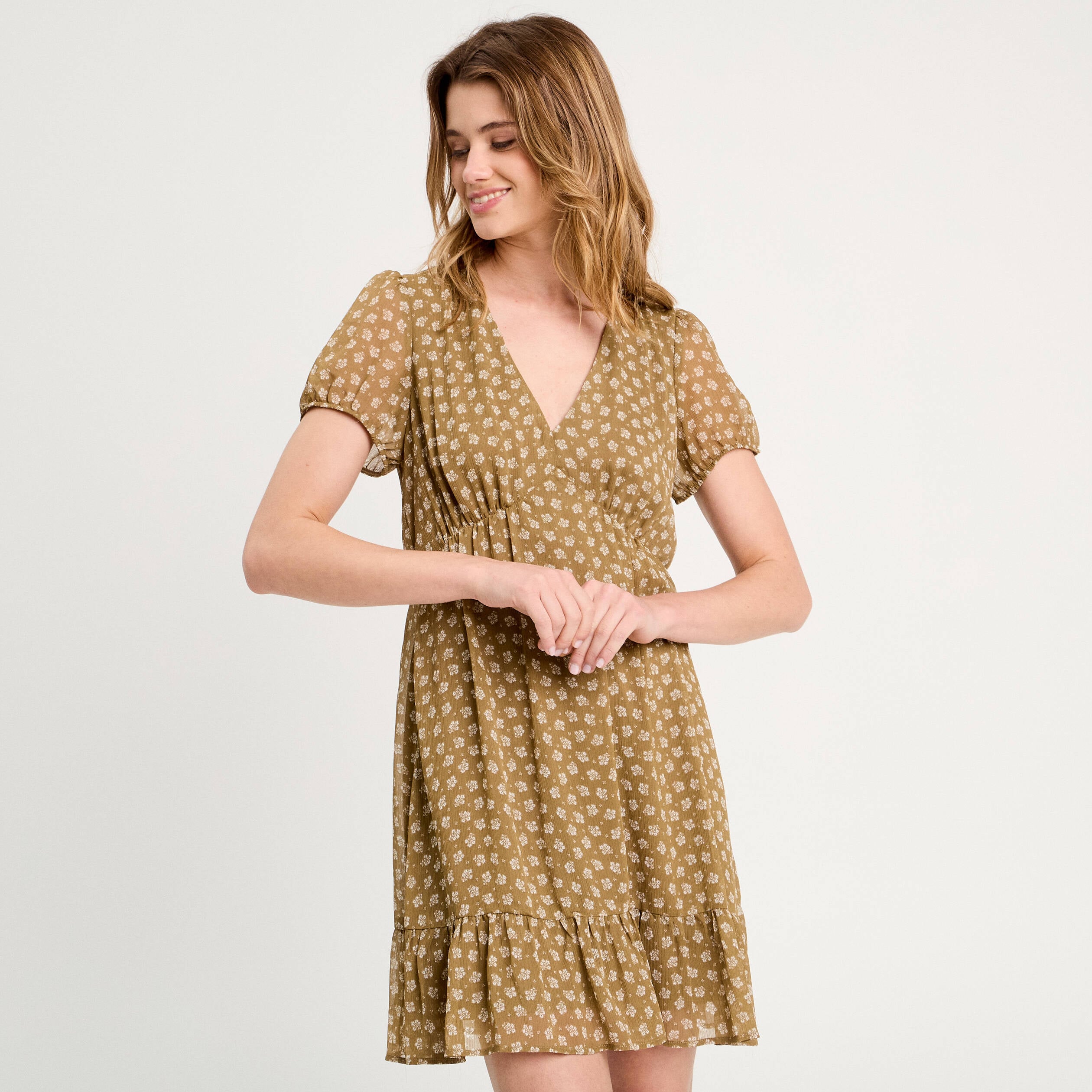 Robe évasée manches courtes vert olive femme | Cache Cache