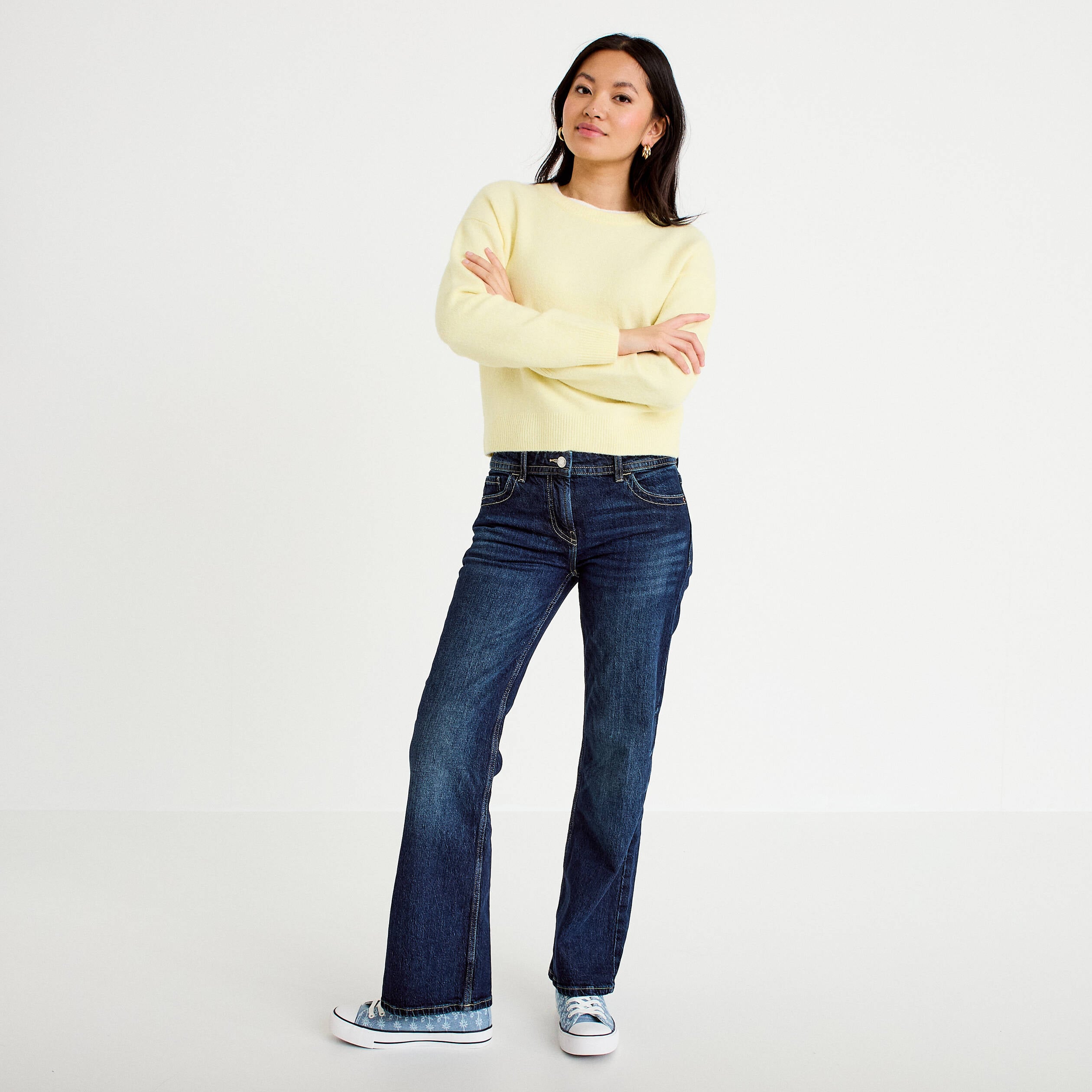 Pull col rond manches longues jaune clair femme | Cache Cache