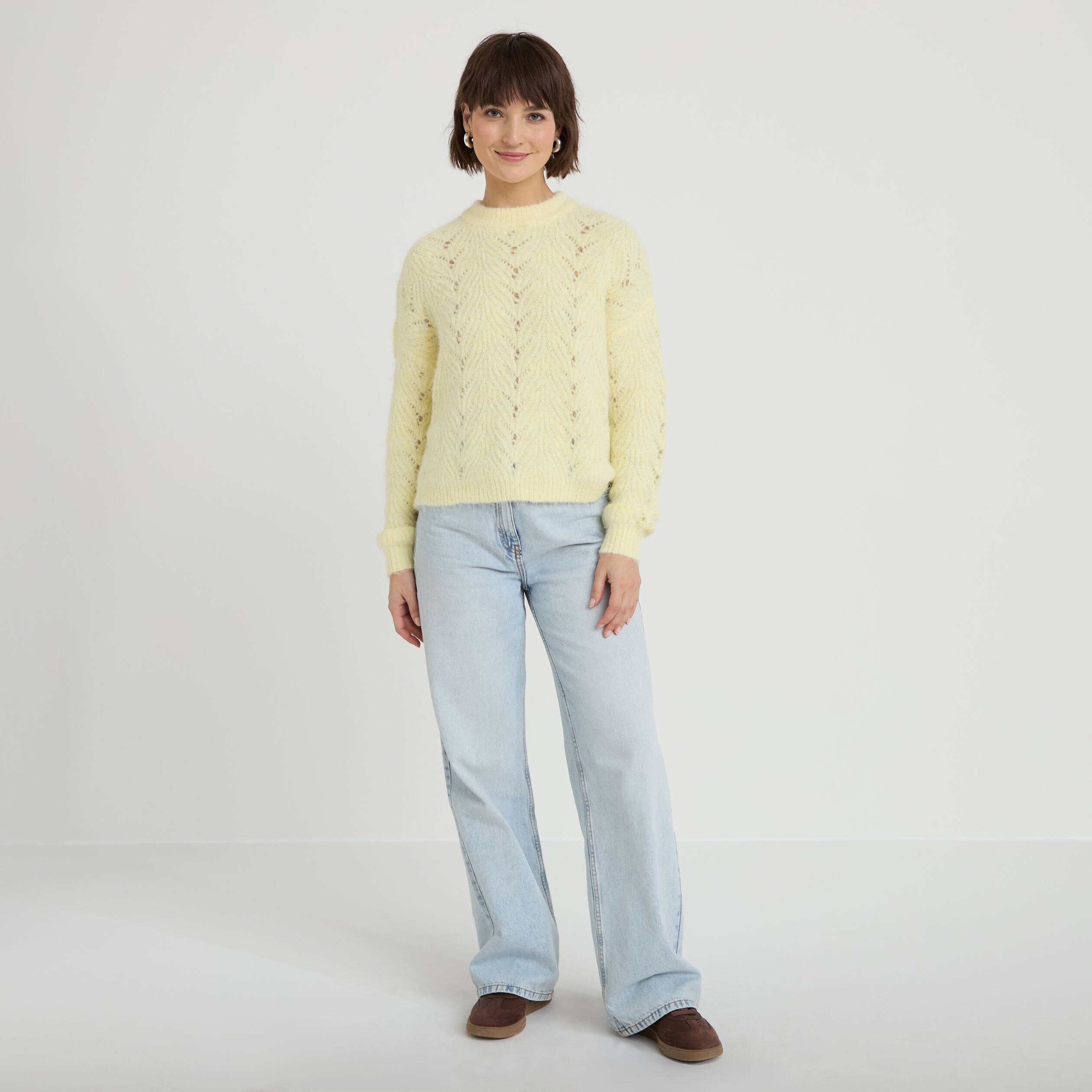 Pull ajouré manches longues jaune clair femme | Cache Cache