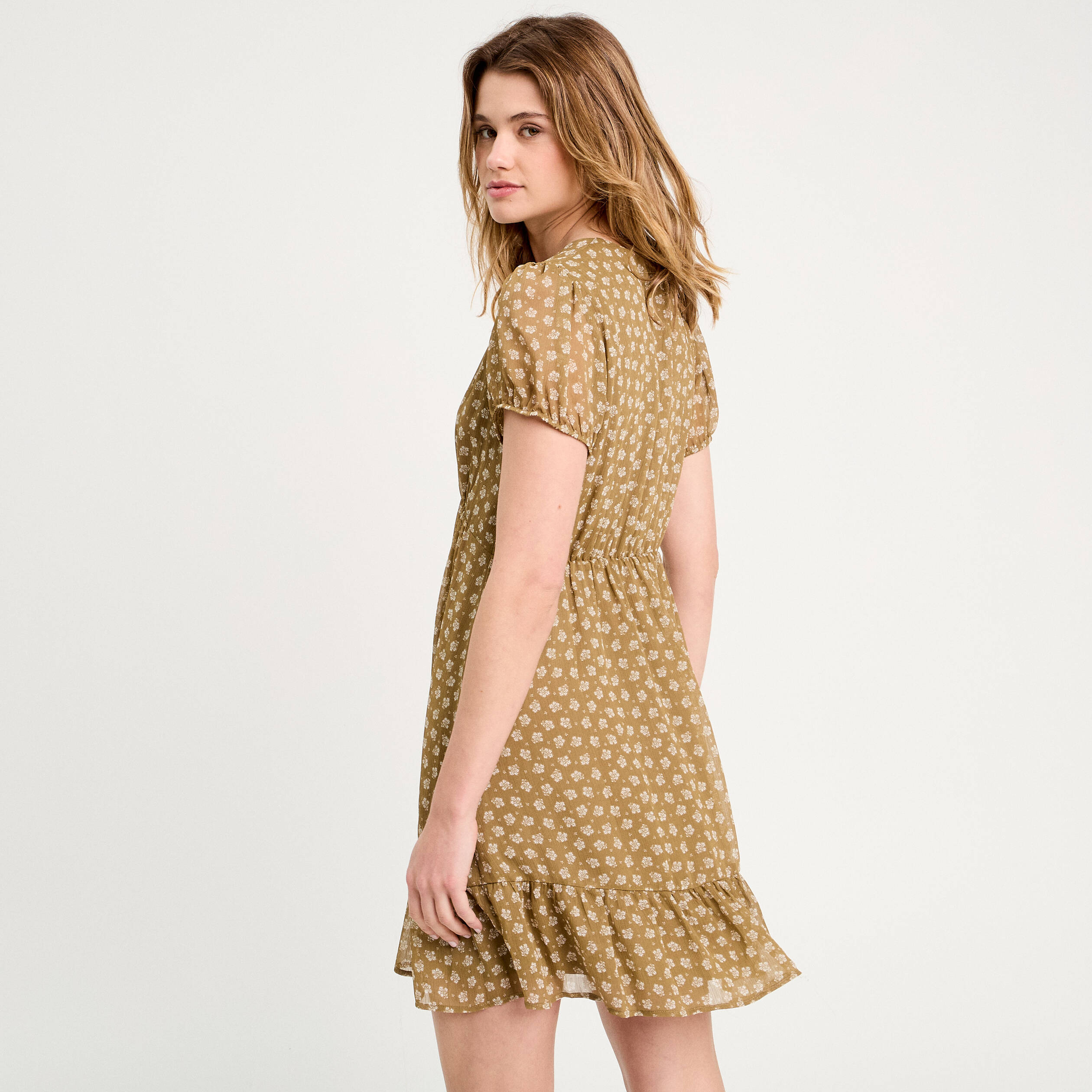 Robe évasée manches courtes vert olive femme | Cache Cache