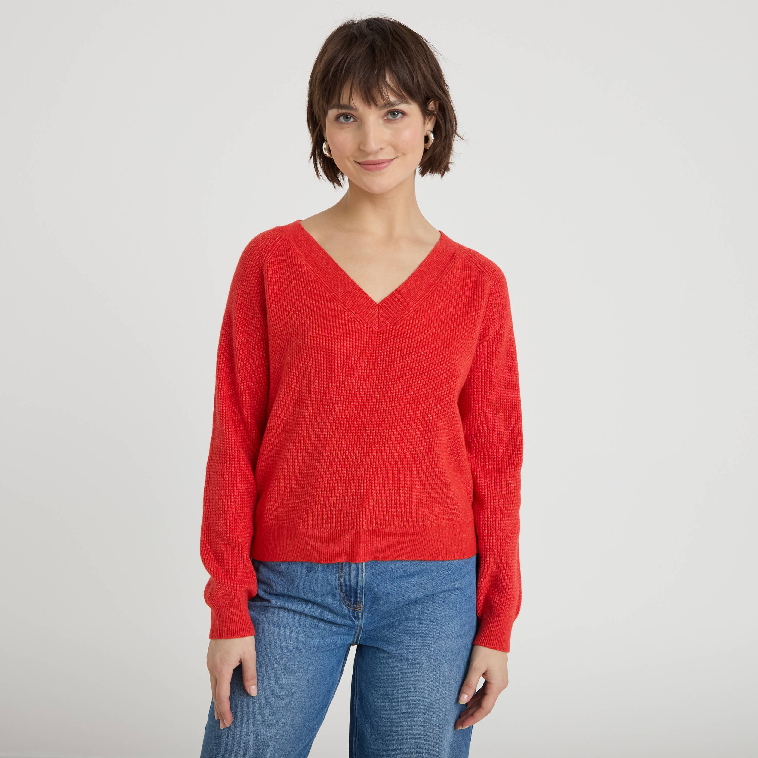 Pull fin col v rouge femme | Cache Cache